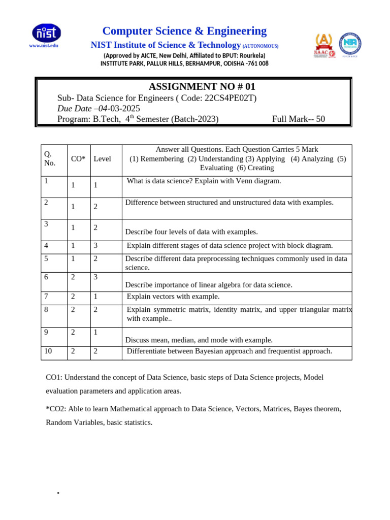 DSE_Assignment-1-CSE _IT _CST | PDF | Matrix (Mathematics) | Data Science