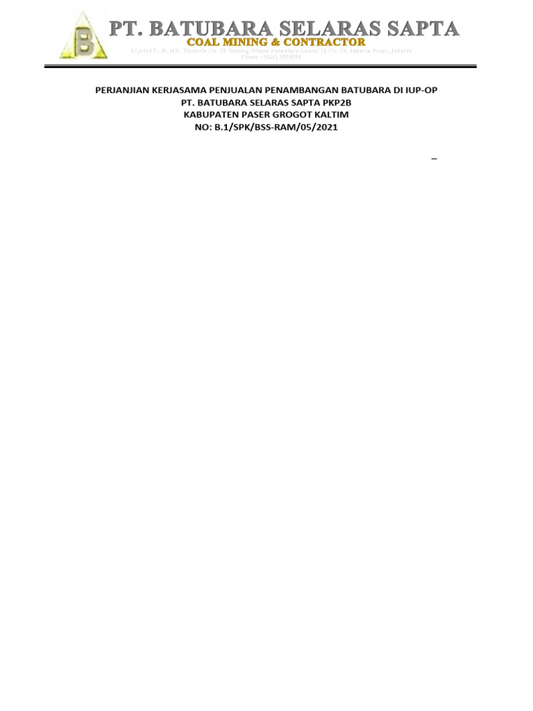 Perjanjian Kerjasama Penjualan Penambangan Batu Bara Di Iup Pt. BSS (Final) | PDF