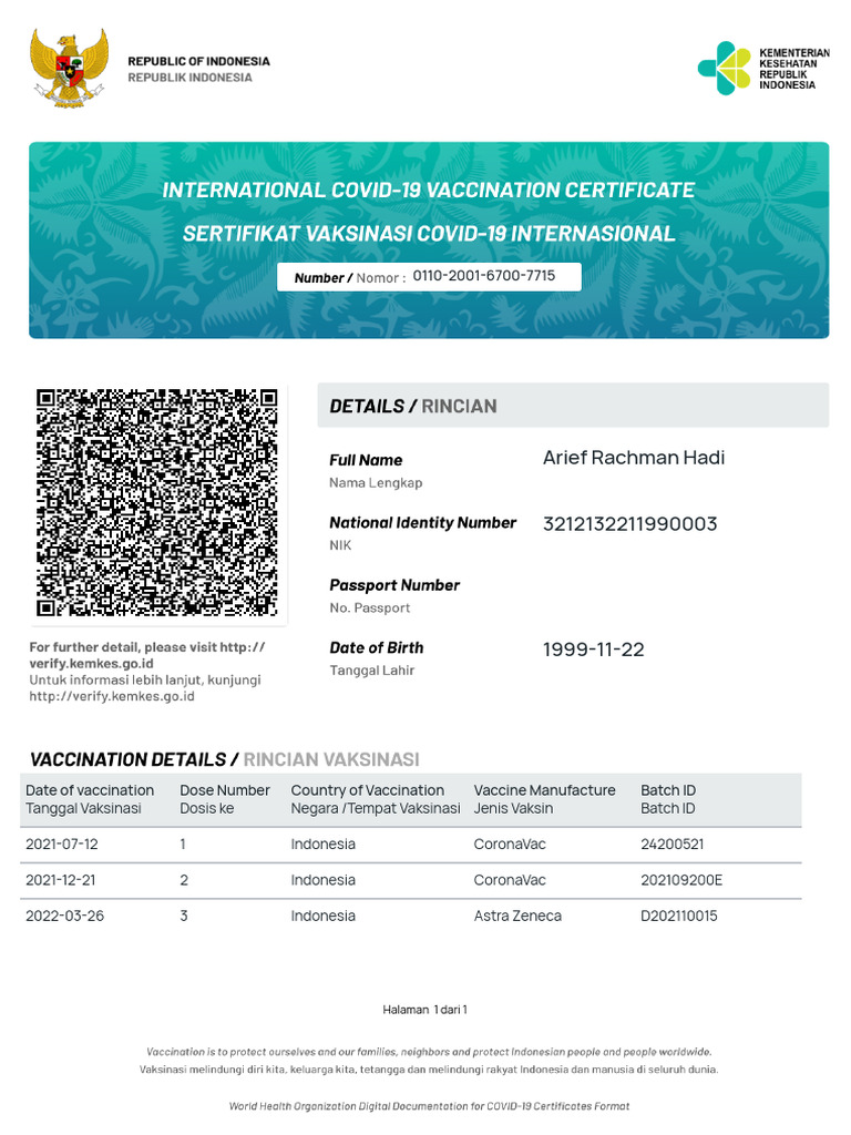 Sertifikat Vaksin Who Arief 756 | PDF
