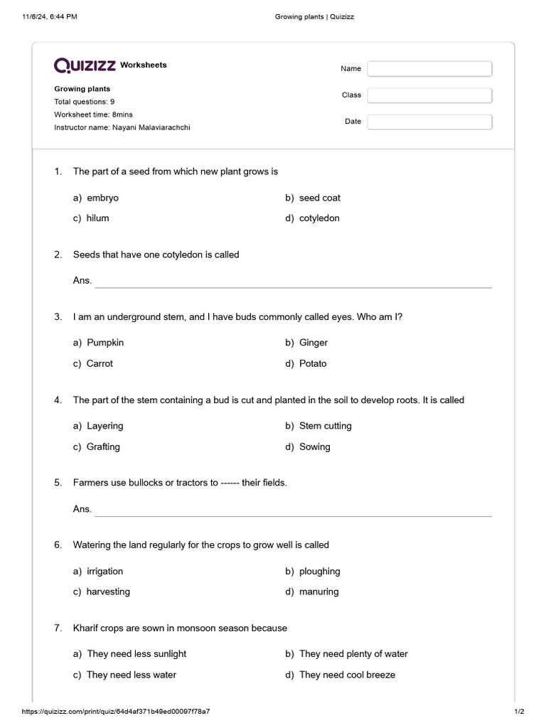 Growing Plants - Quizizz | PDF | Seed | Sowing