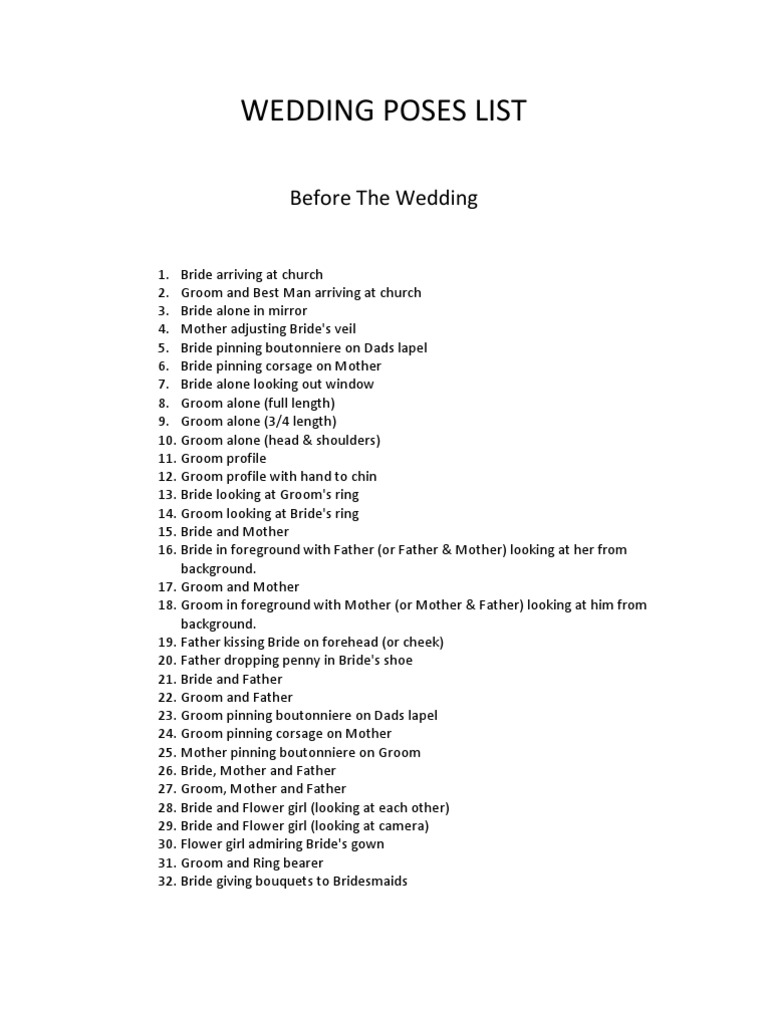 Wedding Poses List | PDF | Bride | Bridesmaid