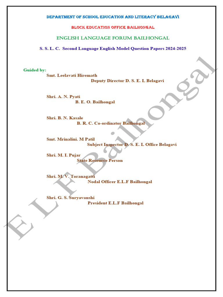 SSLC English Model Question Papers 2024-25 | PDF | Elephant | Verb