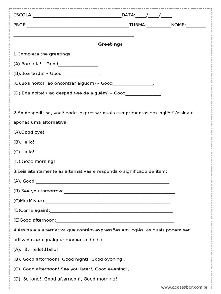 AV1 Atividade-de-Língua-Inglesa-greetings-6º-ano | PDF