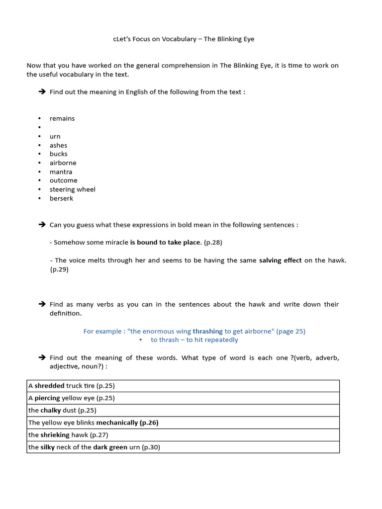 Vocabulary Exercises for The Blinking Eye | PDF
