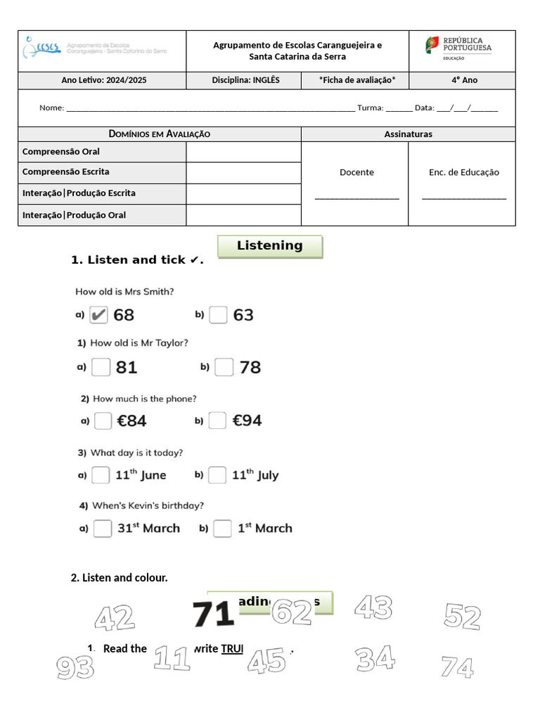 English Skills Evaluation for 4th Grade | PDF