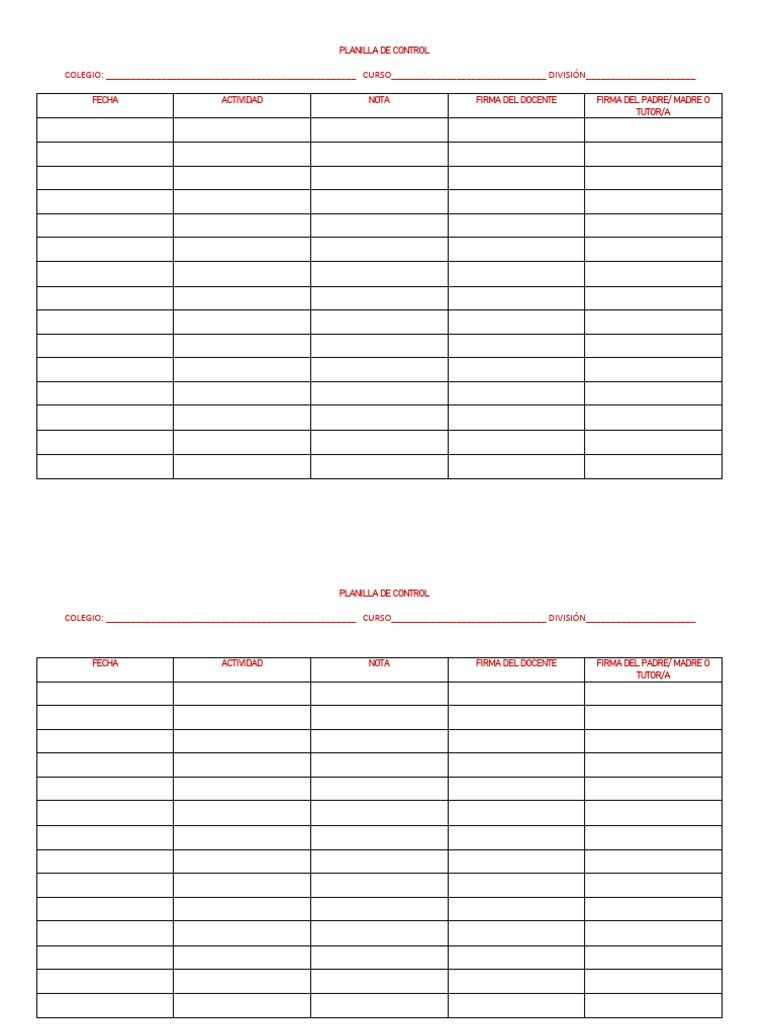 Planilla de Control Escolar | PDF