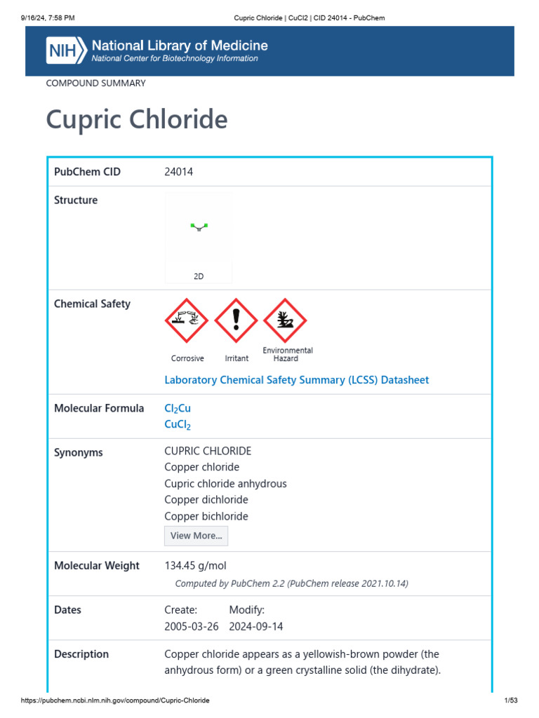 Cupric Chloride - CuCl2 - CID 24014 - PubChem | PDF | Copper | Chemistry