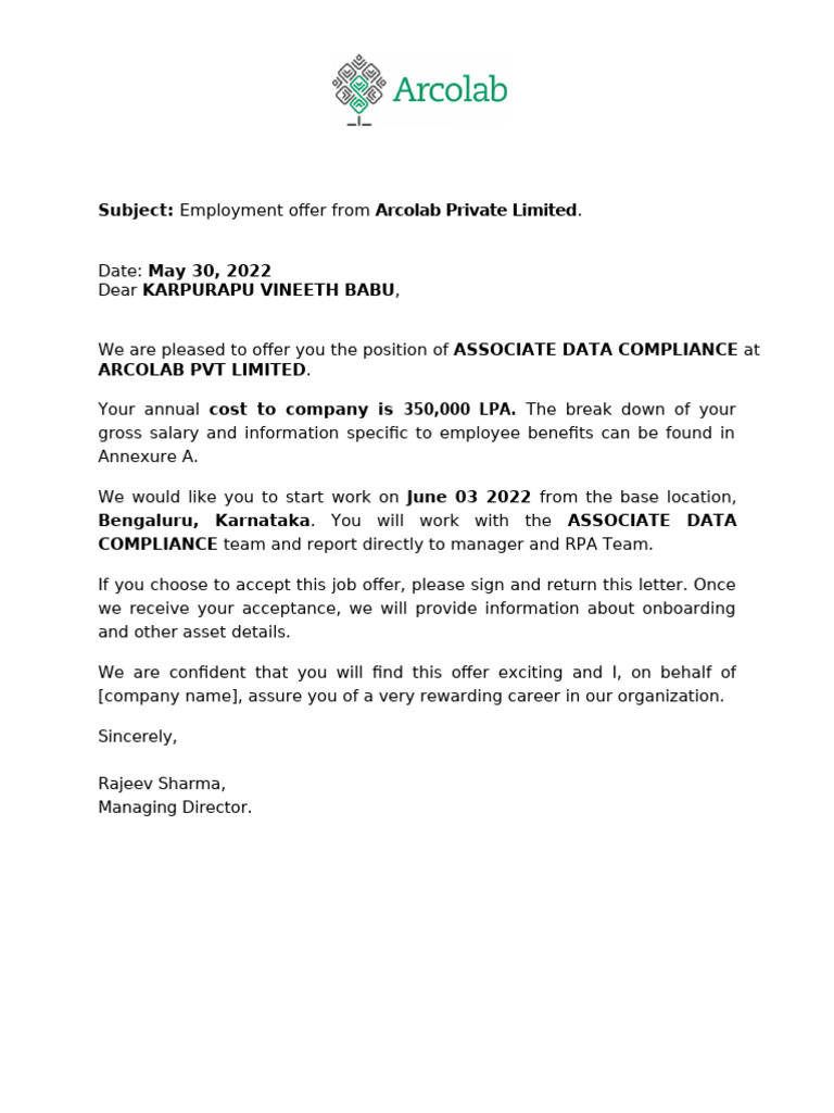 Standard Job Offer Letter Template | PDF | Employment | Salary