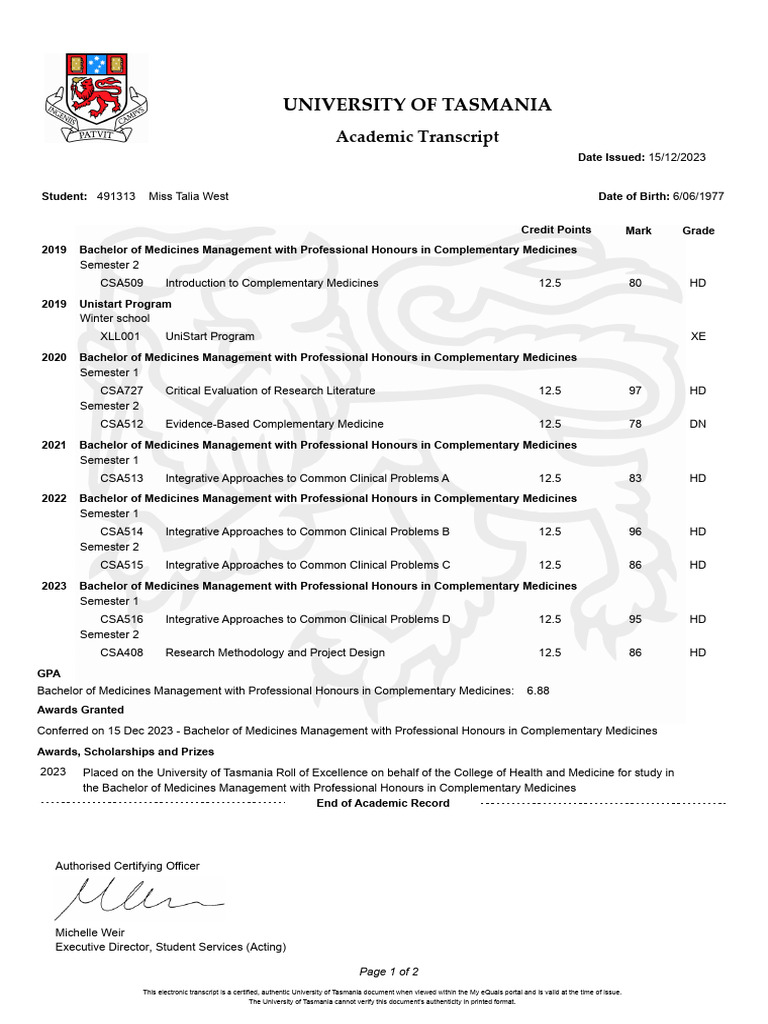Talia West's Academic Transcript | PDF | Educational Assessment And Evaluation | Higher Education