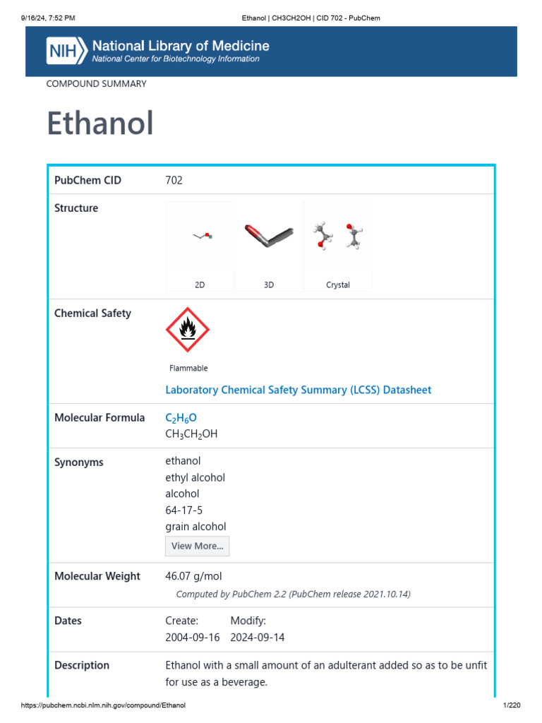 Ethanol _ CH3CH2OH _ CID 702 - PubChem | PDF | Ethanol | Water