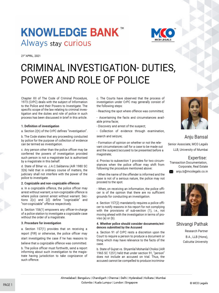 Criminal Investigation Duties Power and Role of Police | PDF | Police ...