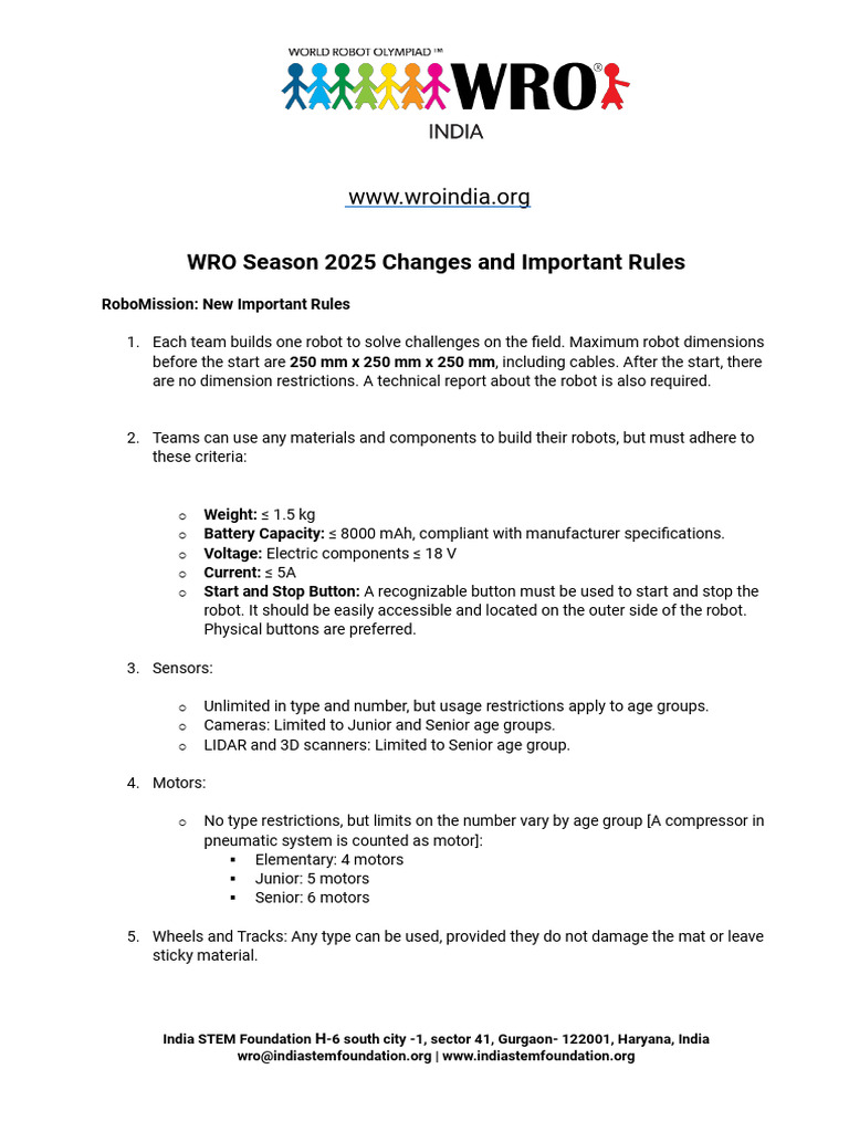 WRO Season 2025 Changes and Important Rules | PDF | Camera | Robot