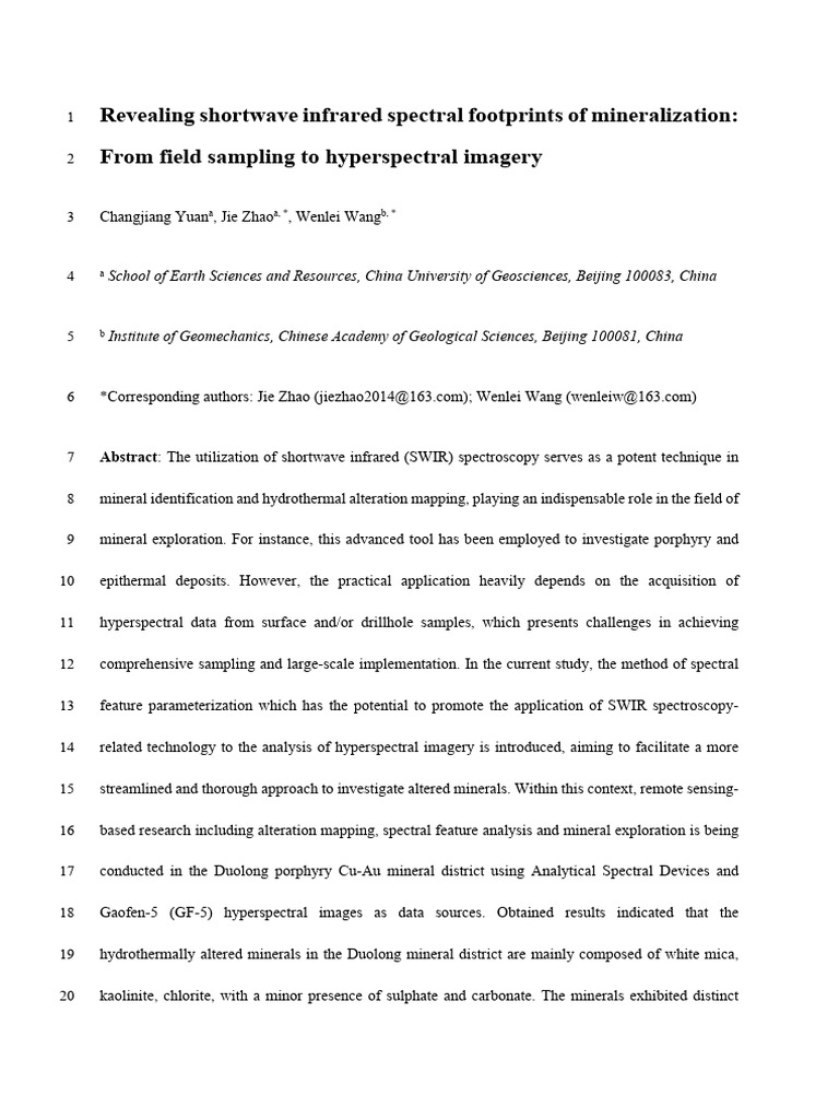 Revealing Shortwave Infrared Spectral Footprints of Mineralization ...