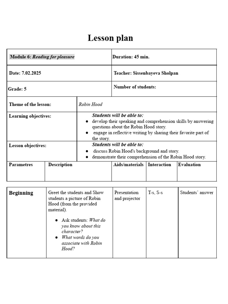 Lesson Plan Excel (5th Grade) 7.02.2025 | PDF | Reading Comprehension | Learning