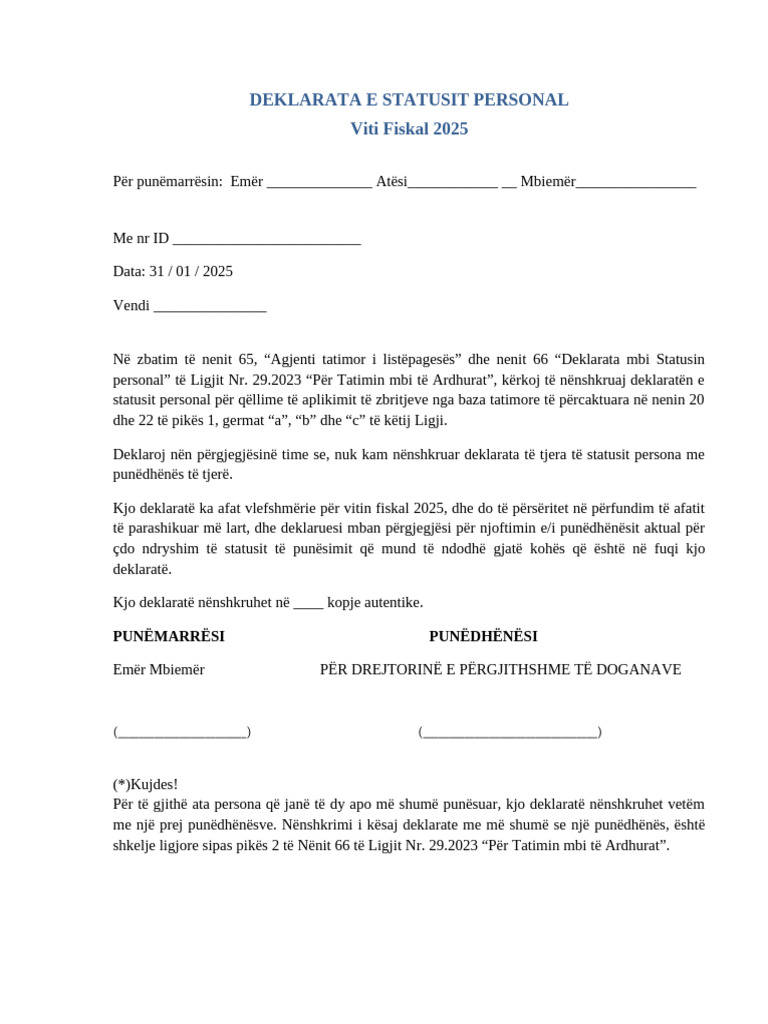 Deklarata - Statusit - Personal 31.01.2025 | PDF
