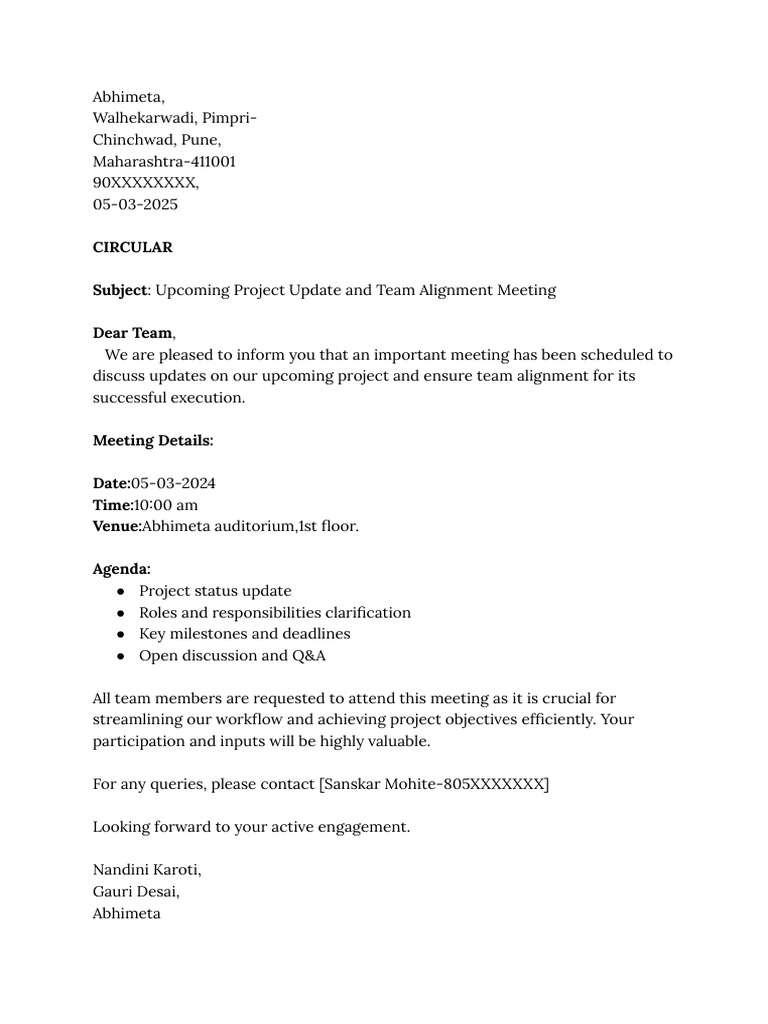 Circular Subject Dear Team | PDF