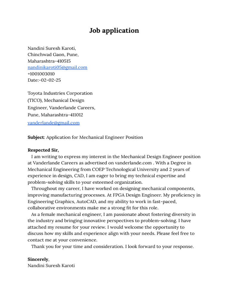 Mechanical Engineer Job Application | PDF