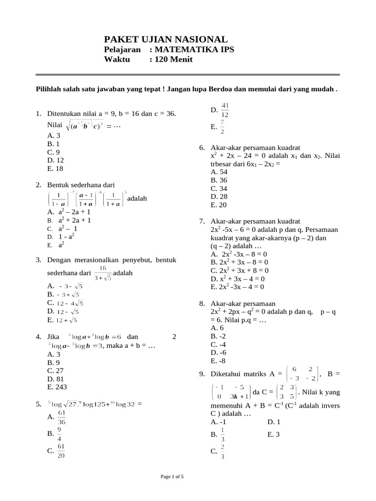 Soal Un Matematika KLS Xii Ips (Lat 21) | PDF