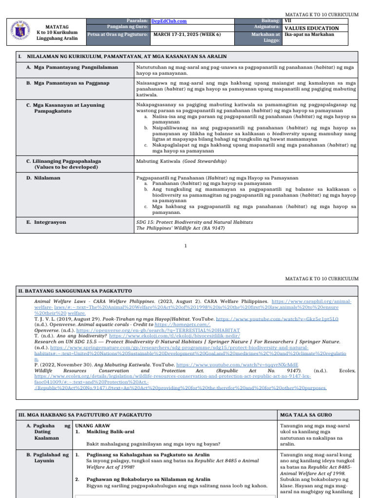 DLL Matatag - Values Education 7 Q4 W6 | PDF