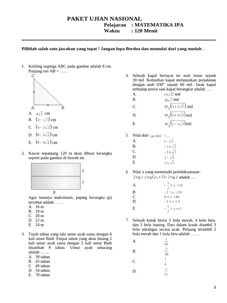 Soal Un Matematika Kls Xii Ipa (Lat 2) | PDF