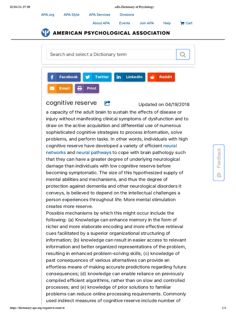 PDAI CognitiveReserve APA 2018 | PDF | Cognition | Psychology