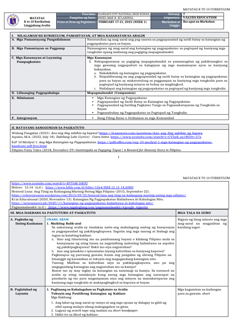DLL Matatag - Values Education 7 Q4 W1 | PDF
