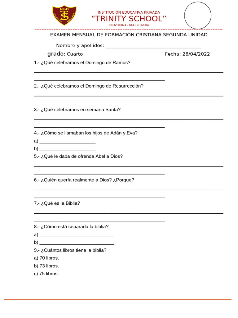 Jueves Examen de Formación Cristiana | PDF