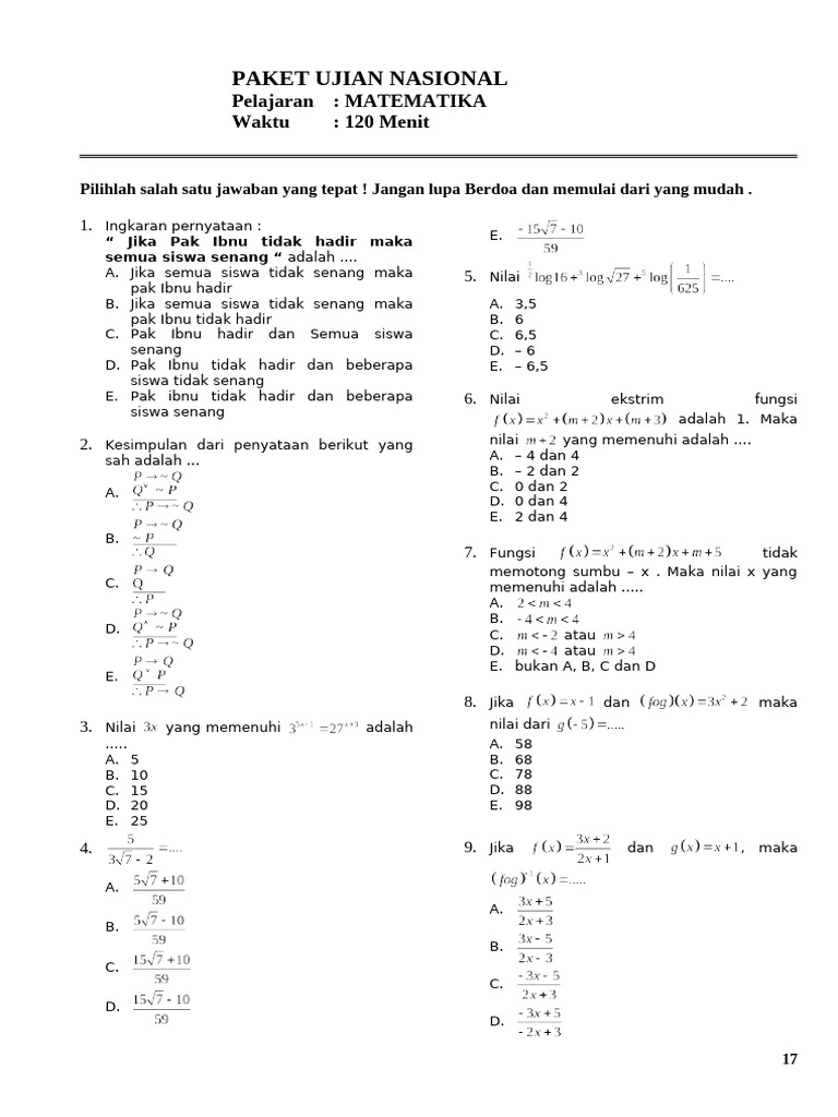 Soal Un Matematika Kls Xii Ipa (Lat 6) | PDF