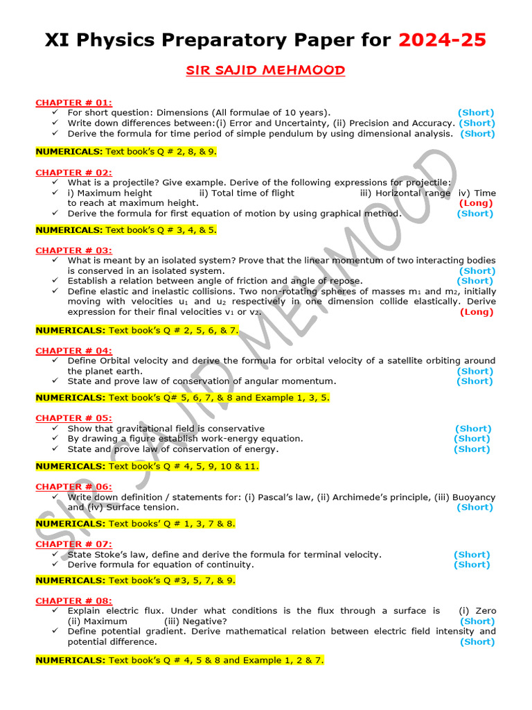 XI Physics Prep Paper 2024-25 Guide | PDF | Momentum | Diffraction
