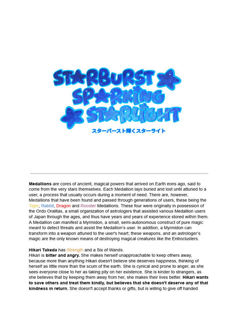 Starburst Sparking Starlight - Setting and Characters | PDF