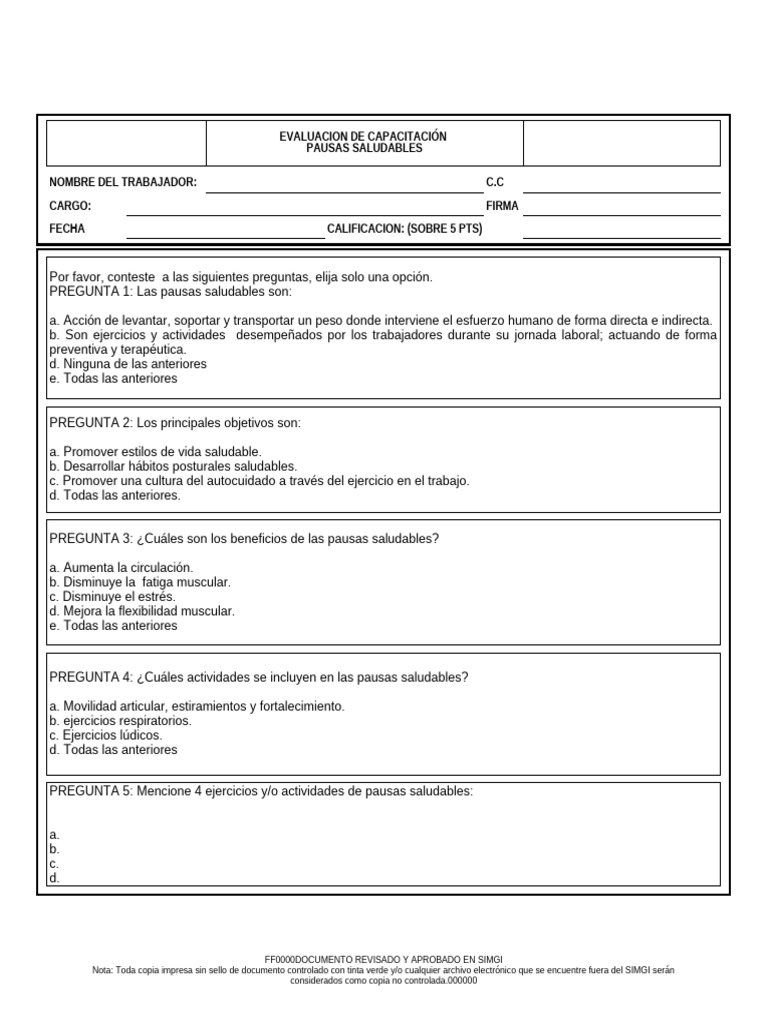 Evaluación de Pausas Saludables en el Trabajo | PDF