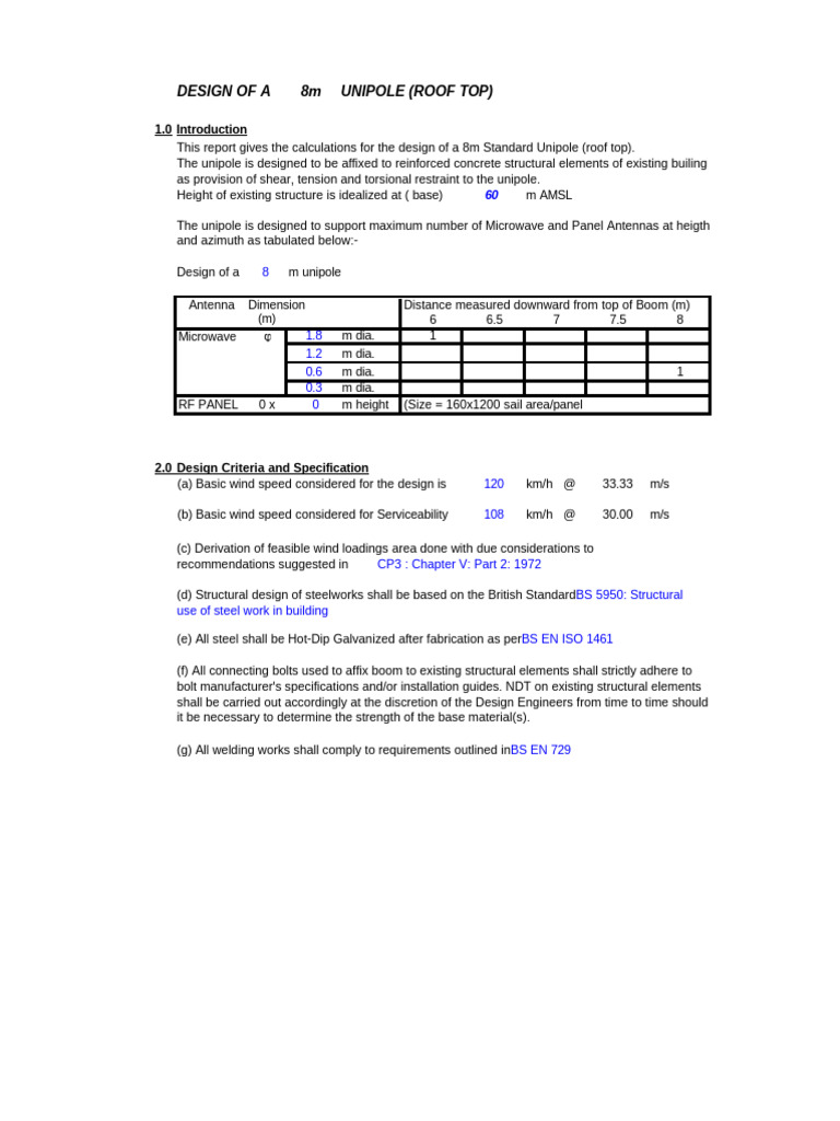 8m Unipole Design Calculation | PDF | Antenna (Radio) | Telecommunications Engineering