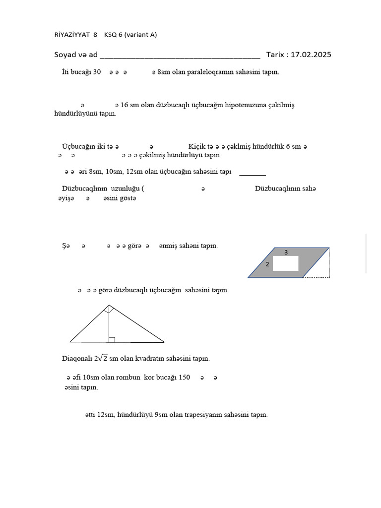 RİYAZİYYAT 8 KSQ 6 Variant A | PDF