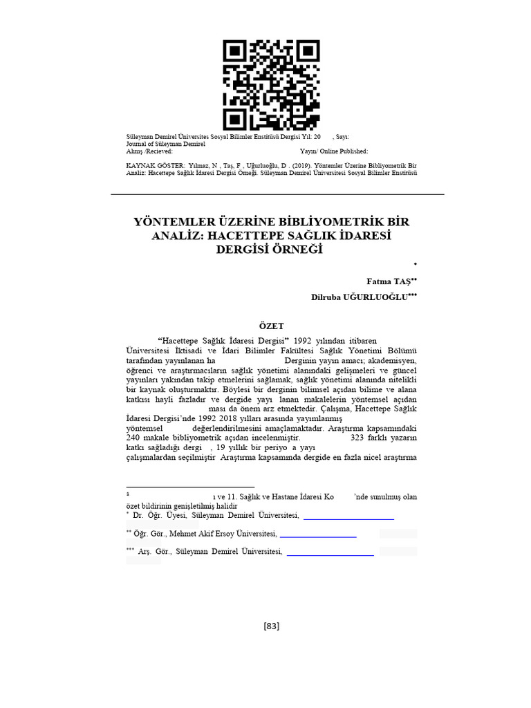 Y Ntemler Zerine Bibliyometrik Bir Analiz Hacettepe Sa L K Daresi Dergisi Rne I (#585733 ...