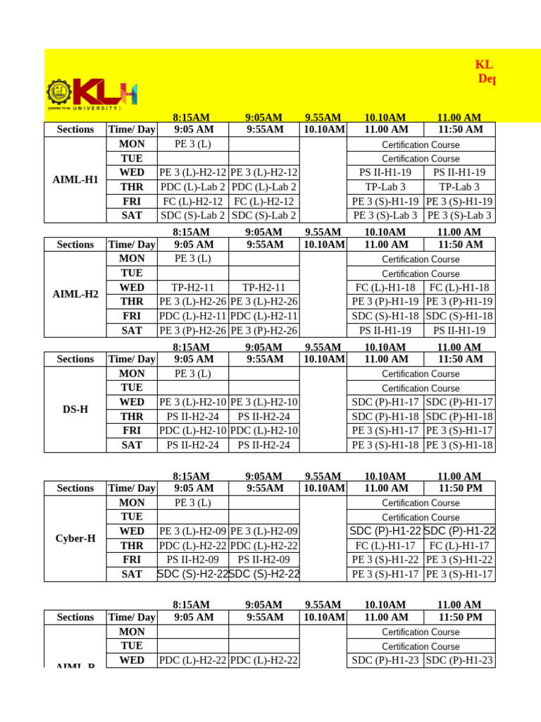 Even Sem 24-25 Time Table-Y22-With Room Nos 4 | PDF | Computing