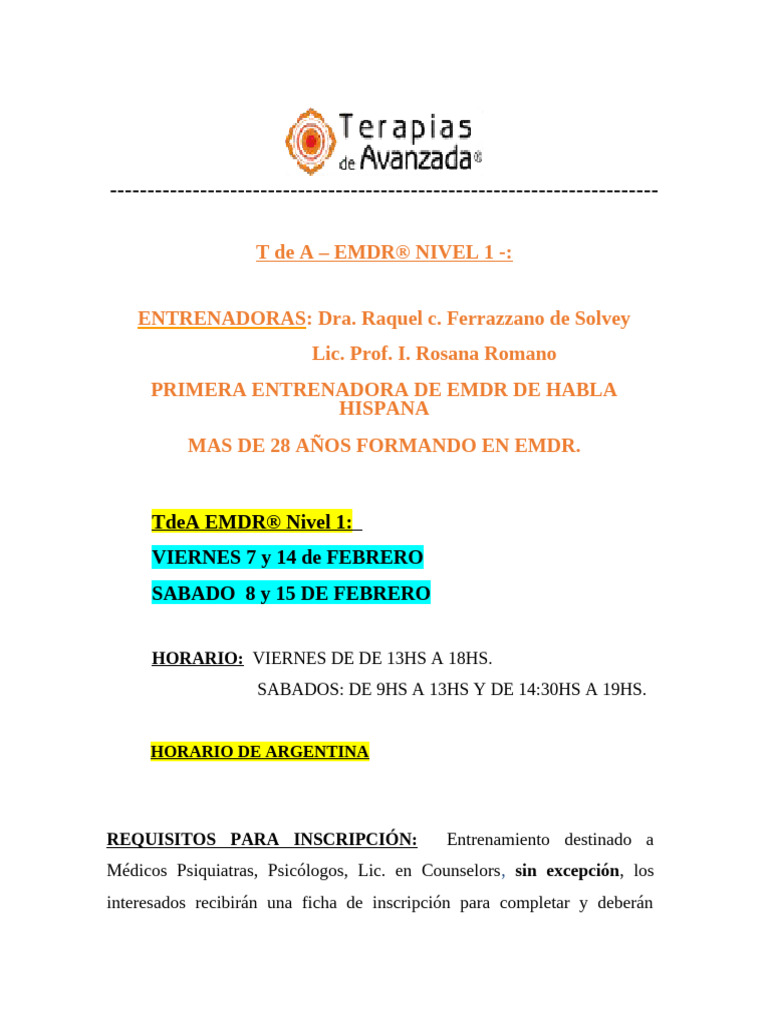 Info Tdea Emdr Nivel 1 Argentina | PDF | Psicoterapia | Desensibilización y reprocesamiento por ...