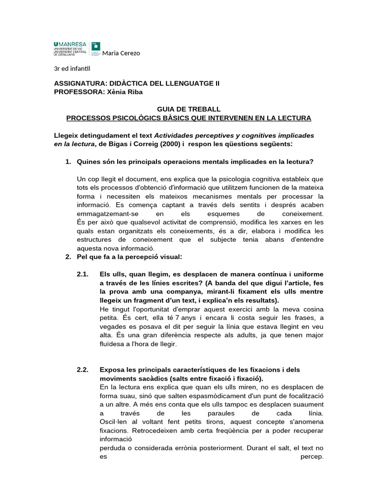 Guia Treball Processos Psicològics Bàsics de La Lectura | PDF