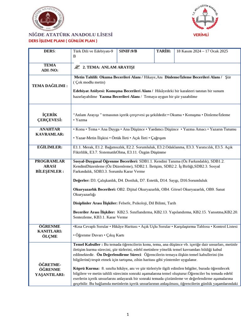 TDE 9 2.TEMA GÜNLÜK PLAN Düzenli | PDF