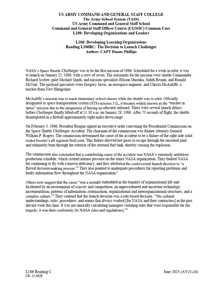 L106 Case Study Reading - Challenger | PDF | Space Shuttle | Nasa