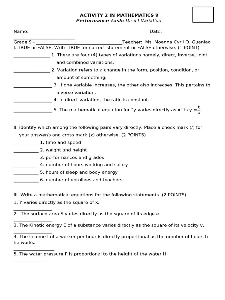 Direct Variation Performance Task 9 | PDF | Mechanical Engineering ...