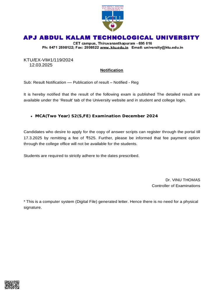 Result Notification - MCA S2-DECEMBER 2024 - 250314 - 133533 | PDF