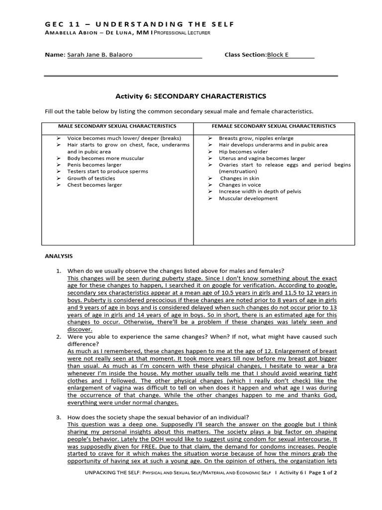 ANSWER in Activity 6 - Secondary Characteristics | PDF | Puberty ...
