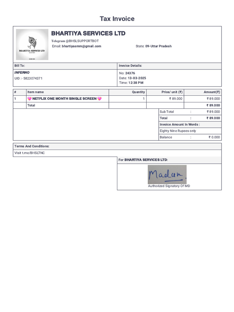 Tax Invoice for Netflix Subscription | PDF