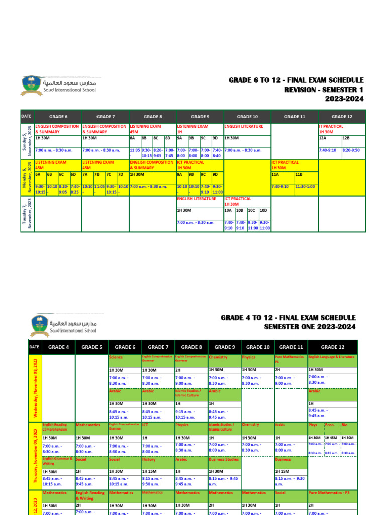 Grade 4-12 Semester 1 Final Exam Schedule | PDF | Educational Years | Secondary Education