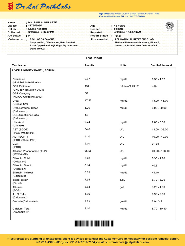 Blood Report | PDF | Internal Medicine | Kidney