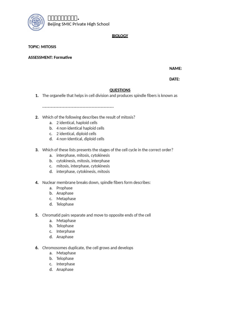 Mitosis Assessment 1 | PDF