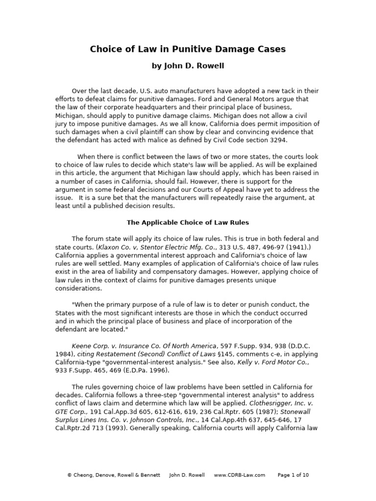 Choice of Law in Punitive Damage Cases by John D Rowell | PDF | Damages ...