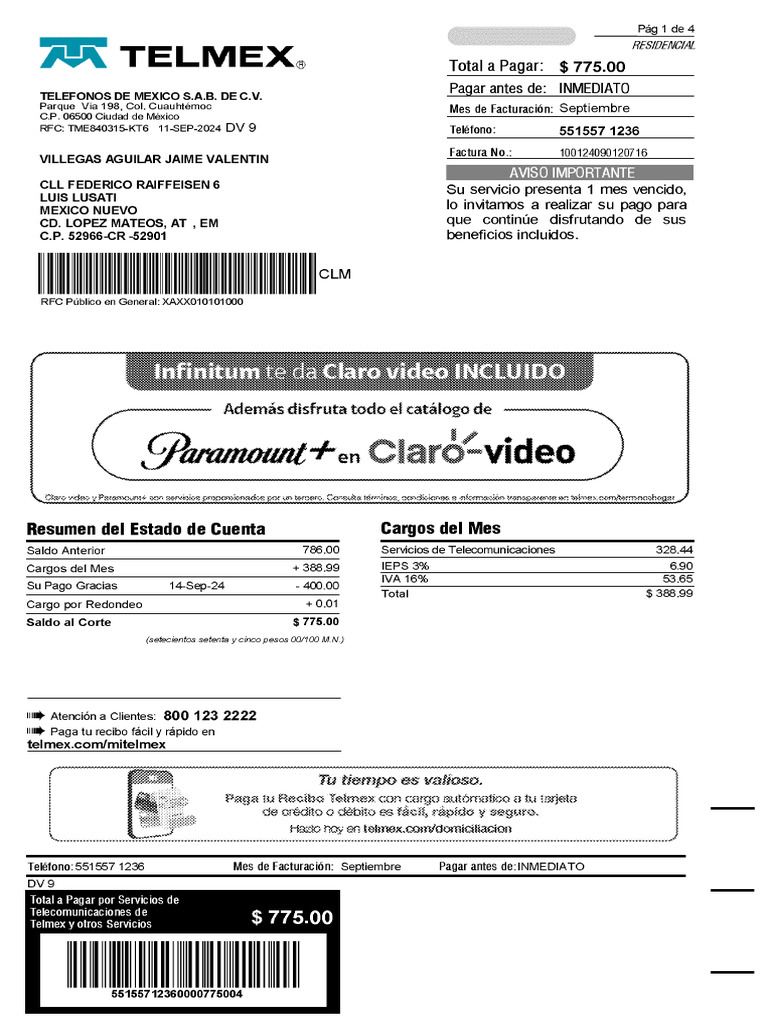 Recibo Telmex 1 | PDF