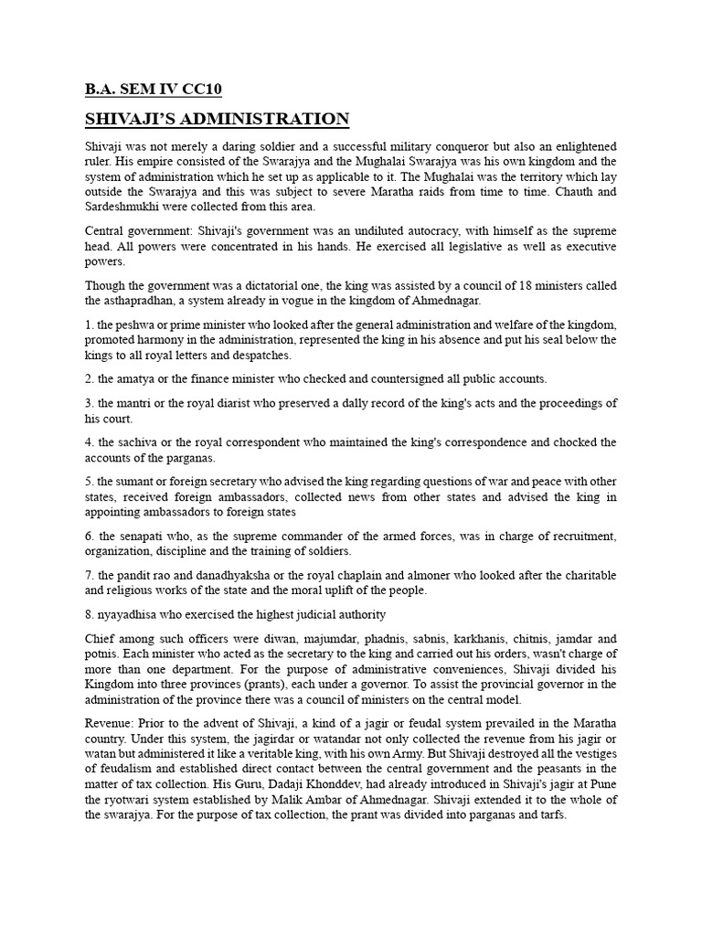 Ba Sem Iv CC10 Shivajis Administration Eng | PDF | Navies