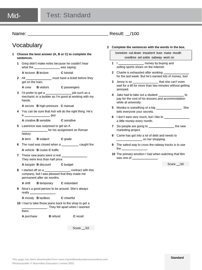 Mid-Year English Test: Vocabulary & Grammar | PDF | Psychometrics ...